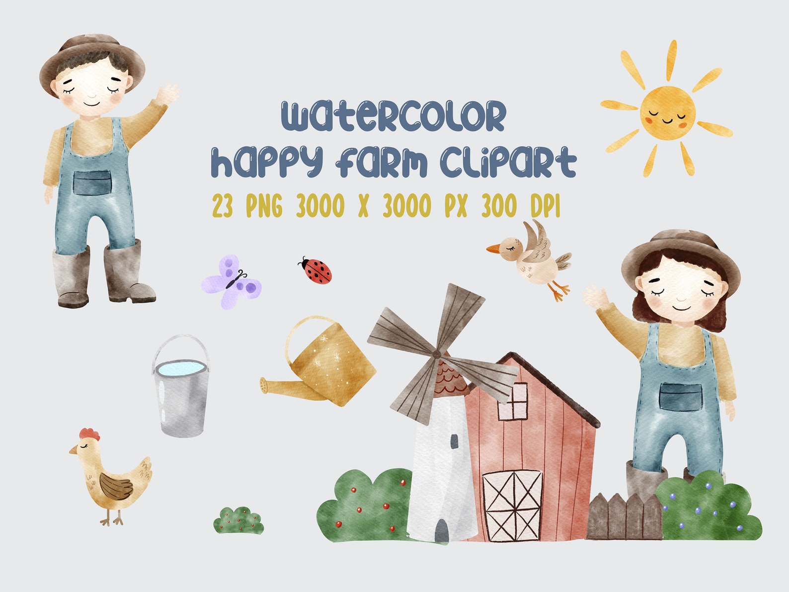 Watercolor Happy Farm Clipart - Etsy