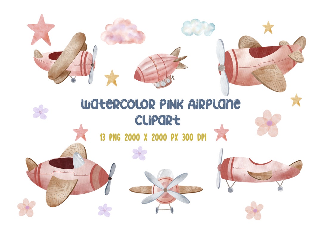 Watercolor Pink Airplane Travel Clipart - Etsy