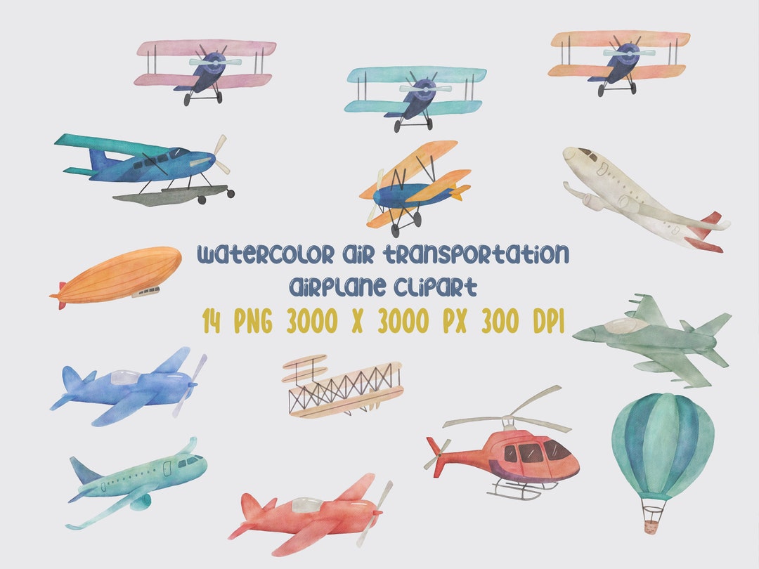 Watercolor Air Transportation Airplane Clipart - Etsy