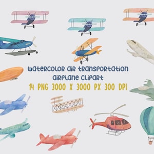 Watercolor Air Transportation Airplane Clipart - Etsy