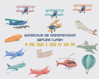 Watercolor Air Transport Clipart Set, Hot Air Ballon Clipart, Airplane ...