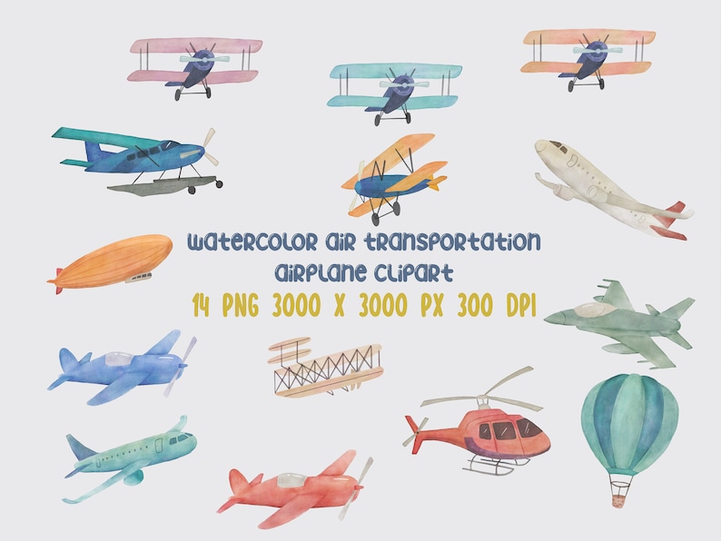 Watercolor Air Transportation Airplane Clipart - Etsy