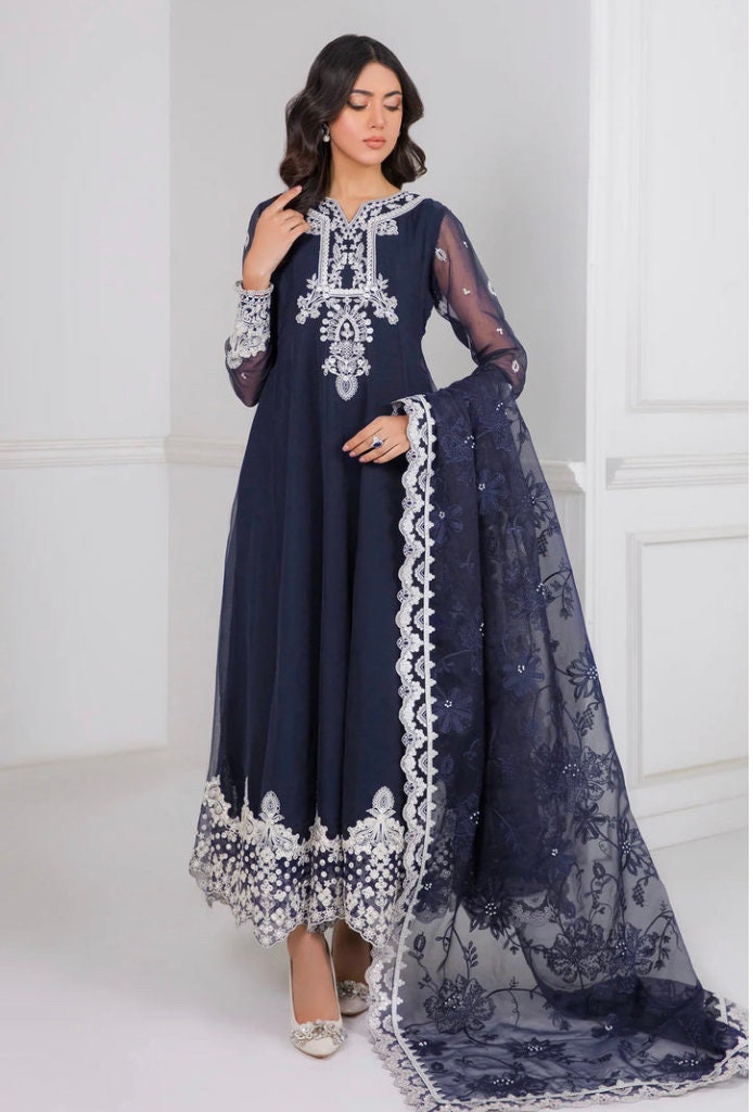 Chiffon Frock Suit, Handmade Pakistani Embroidered Firmal Apparel - Etsy