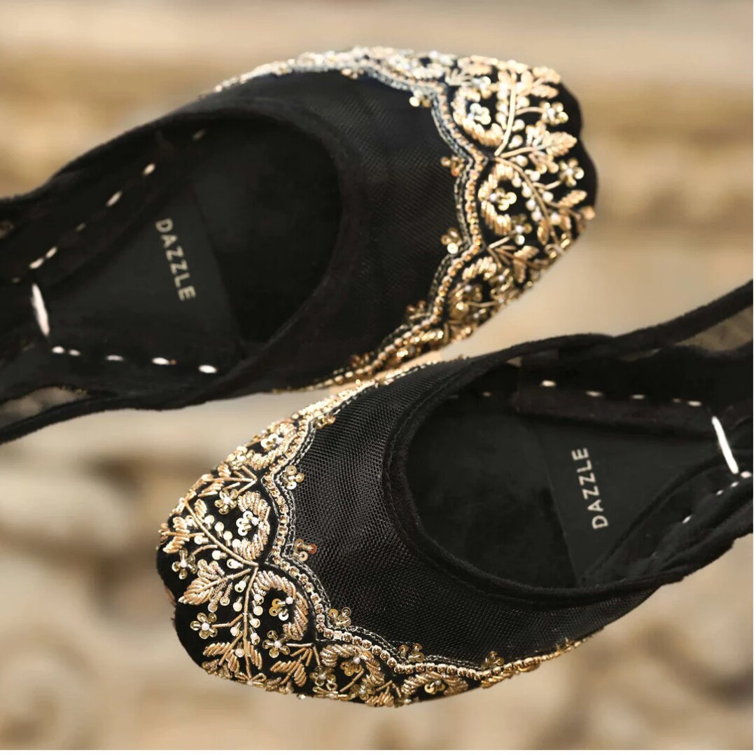 Marina Ethnic Floral Flat Black Jutti|wedding Flats & Custom Bridal ...