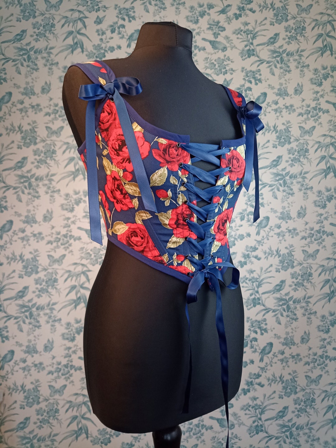 Renaissance Corset Stays 18th Century Costume Navy Red Rose Bodice - Etsy