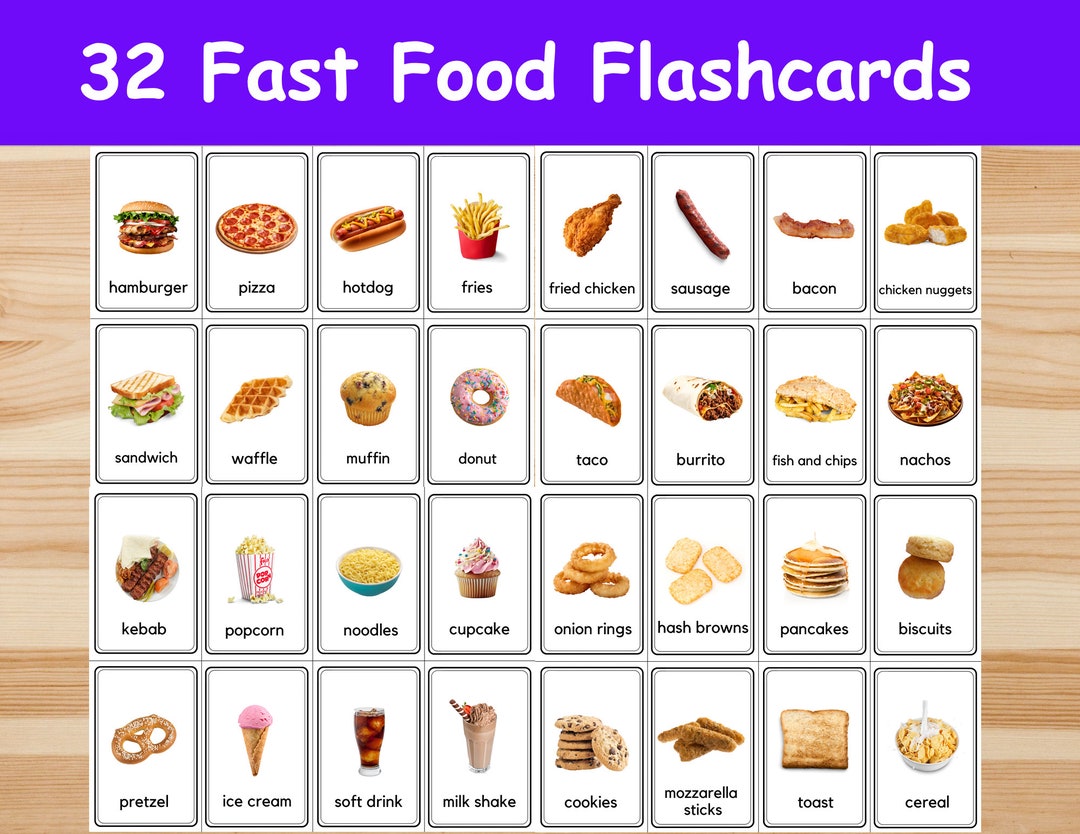 32 Fast Food Flashcards / Image Cards for Kids, Preschool. Nomenclature ...