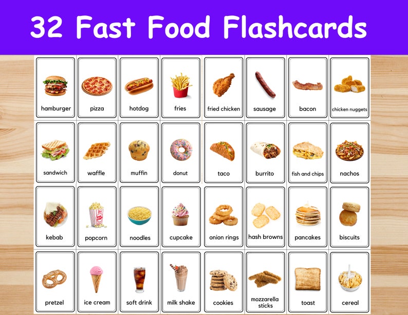 32 Fast Food Flashcards / Image Cards for Kids, Preschool. Nomenclature ...