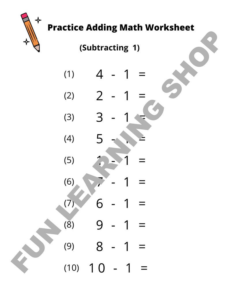 10 Printable Subtraction Math Worksheets. Subtracting 1. Numbers 1-20 ...