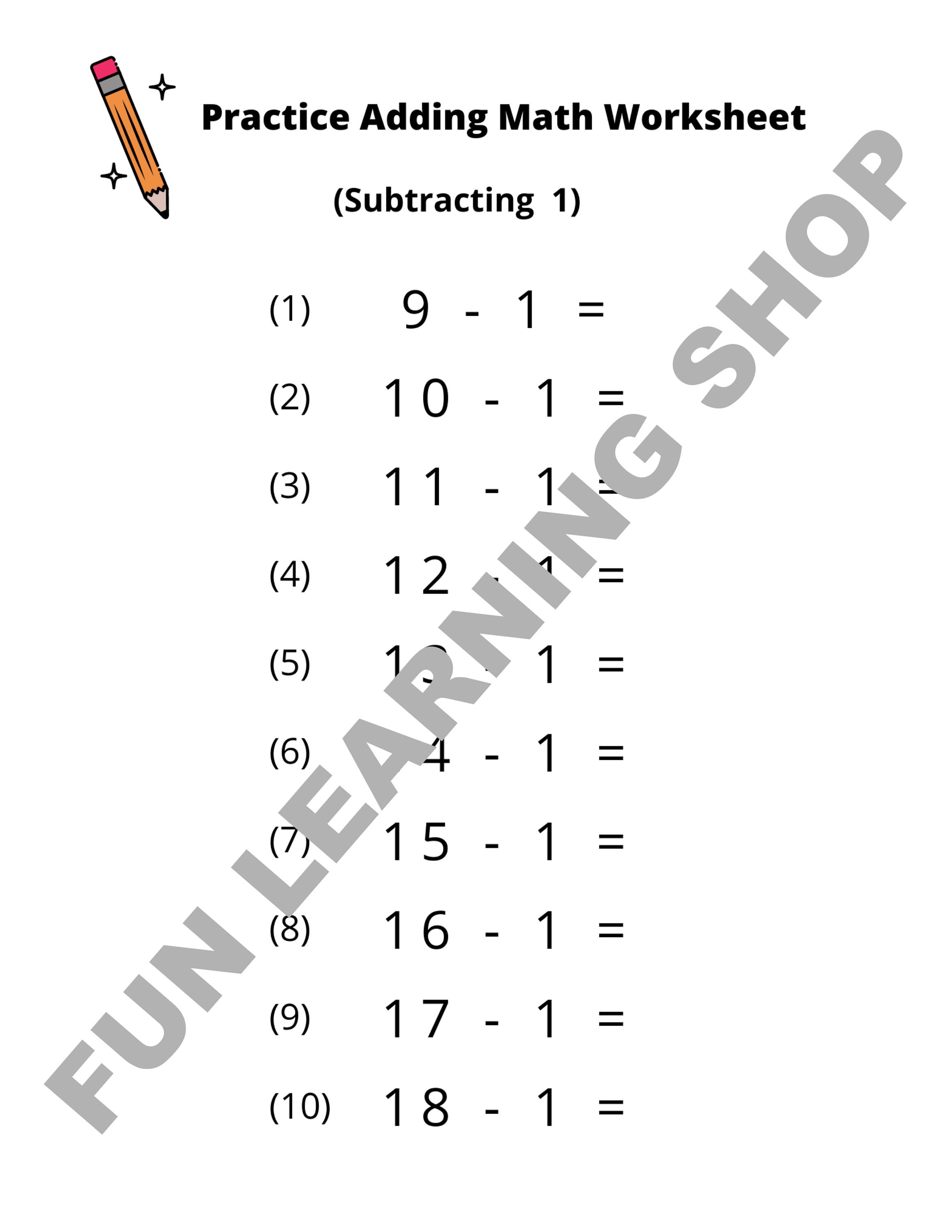 10 Printable Subtraction Math Worksheets. Subtracting 1. Numbers 1-20 ...