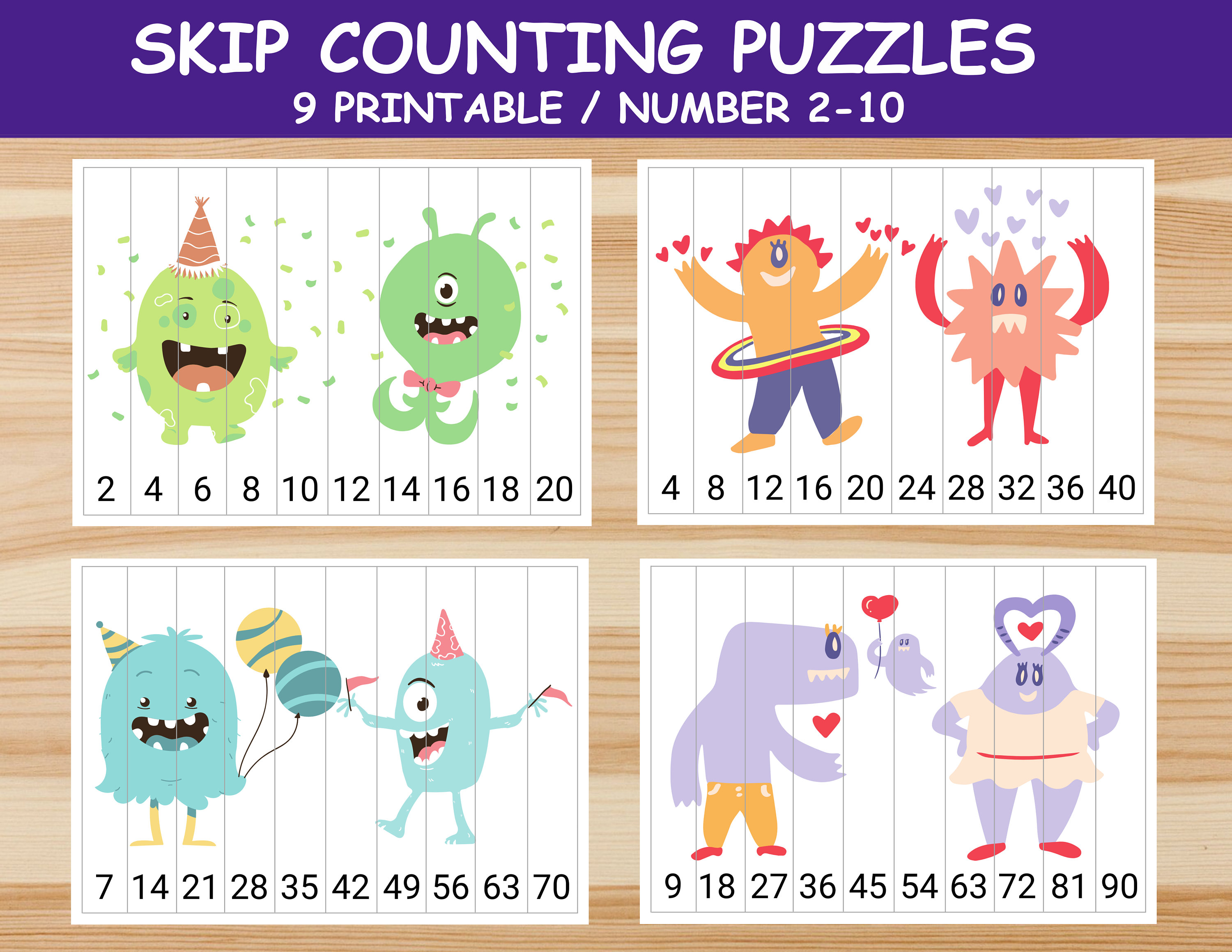 9 Skip Counting Puzzles by 2s - 10s, Cute Monster Puzzles, Number ...