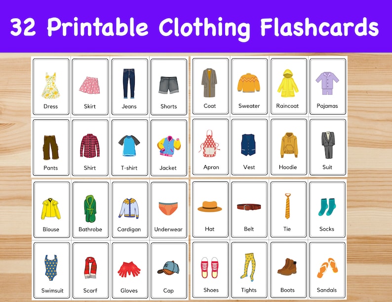 32 Clothing Flashcards / Image Cards for Kids, Preschoolers ...