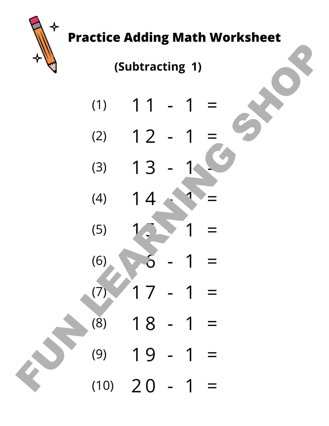 10 Printable Subtraction Math Worksheets. Subtracting 1. Numbers 1-20 ...