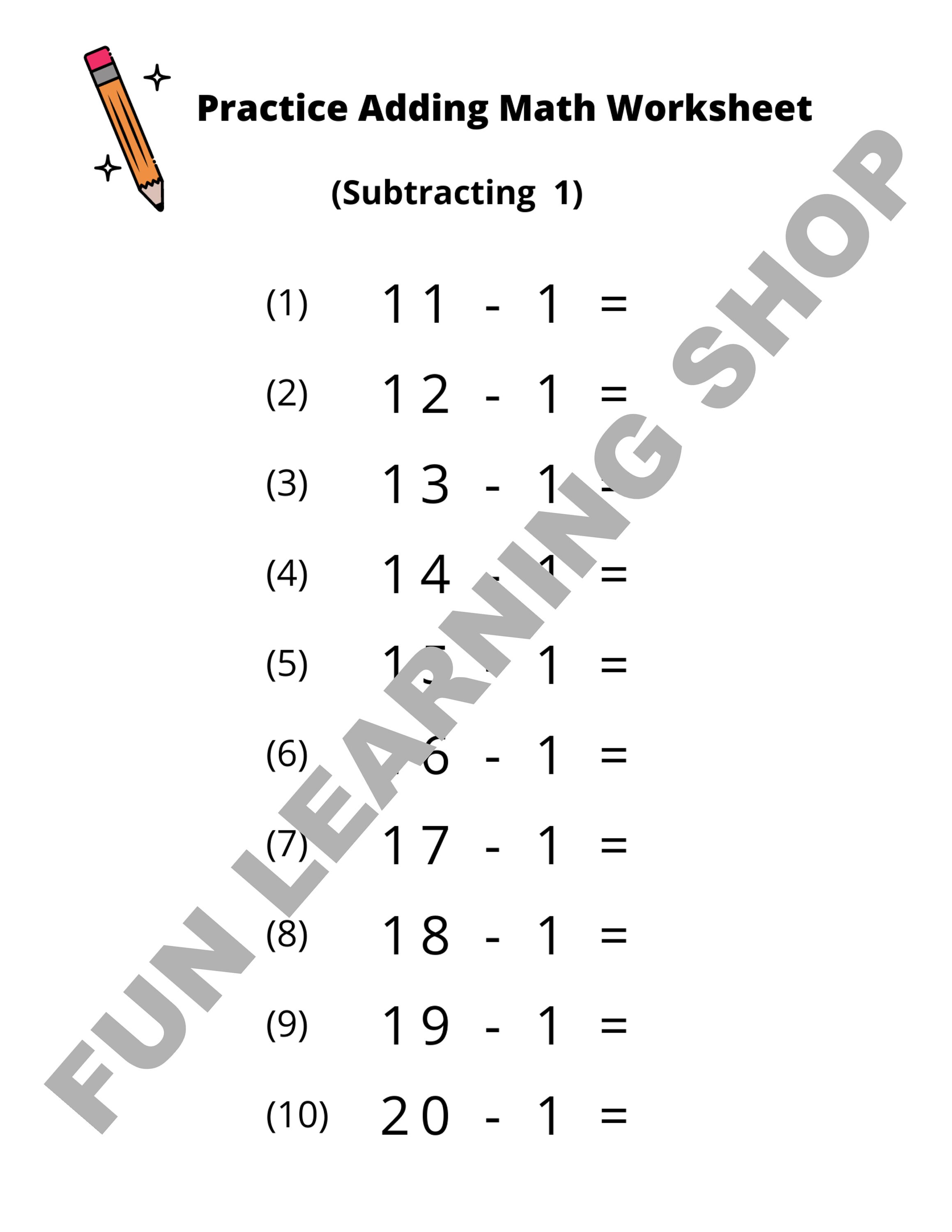 10 Printable Subtraction Math Worksheets. Subtracting 1. Numbers 1-20 ...