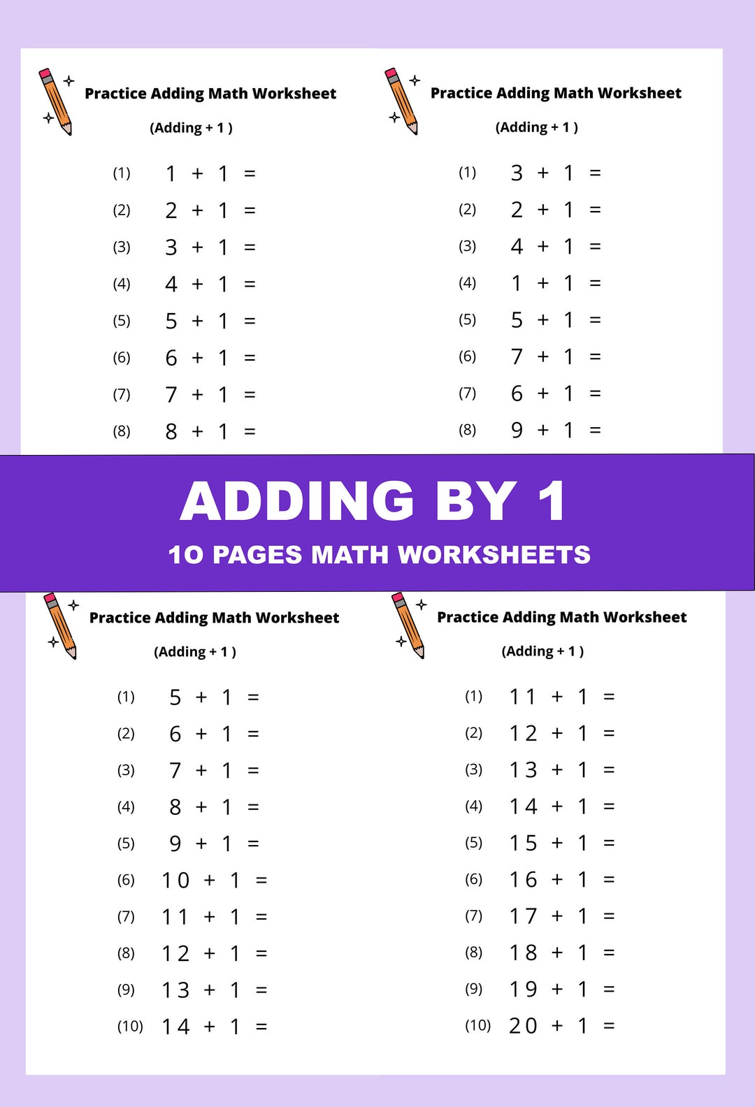 10 Printable Addition Math Worksheets. Adding by 1. Numbers 1-20 ...