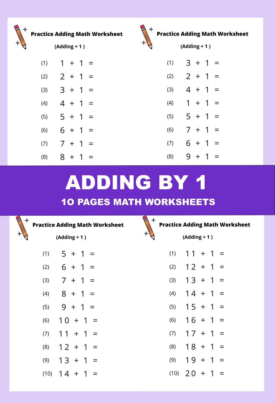 10 Printable Addition Math Worksheets. Adding by 1. Numbers 1-20 ...