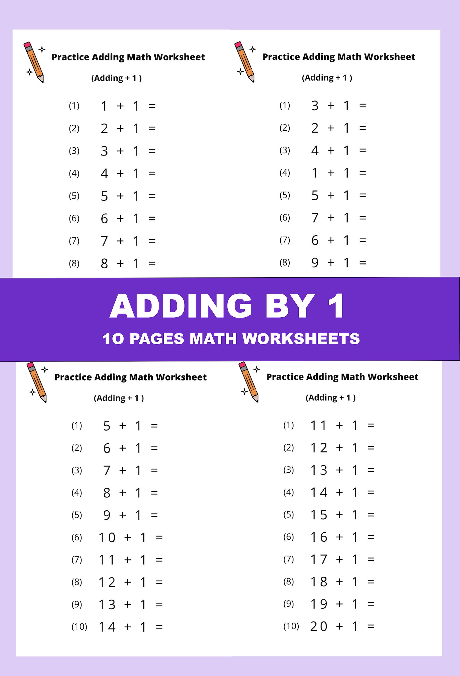 10 Printable Addition Math Worksheets. Adding by 1. Numbers 1-20 ...
