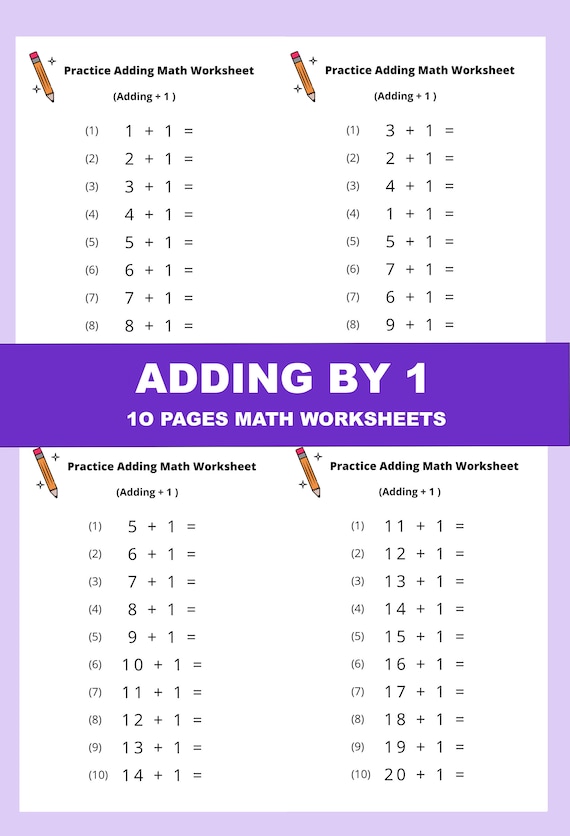 10 Printable Addition Math Worksheets. Adding By 1. Numbers - Etsy ... 10 Printable Addition Math Worksheets. Adding By 1. Numbers - Etsy ...