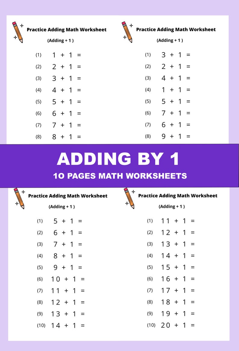 10 Printable Addition Math Worksheets. Adding by 1. Numbers 1-20 ...