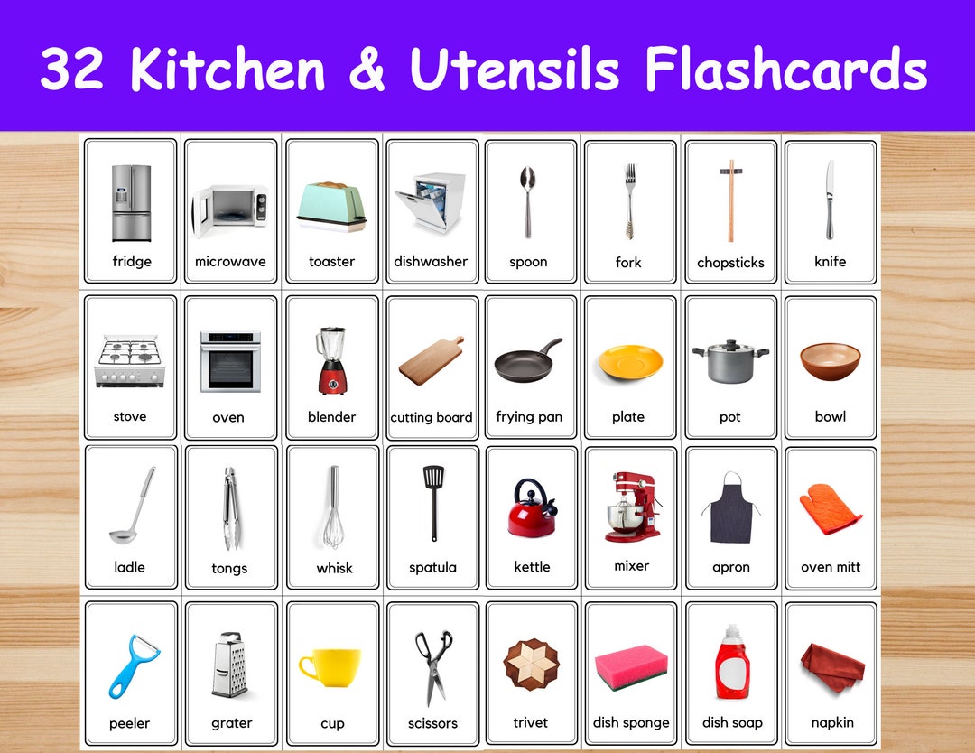 32 Kitchen Flashcards / Utensils, Appliances Image Cards for Kids ...