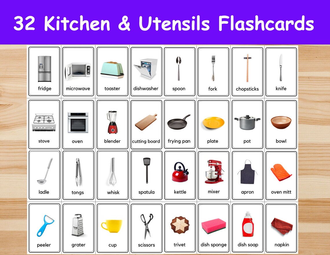 32 Kitchen Flashcards / Utensils, Appliances Image Cards for Kids ...