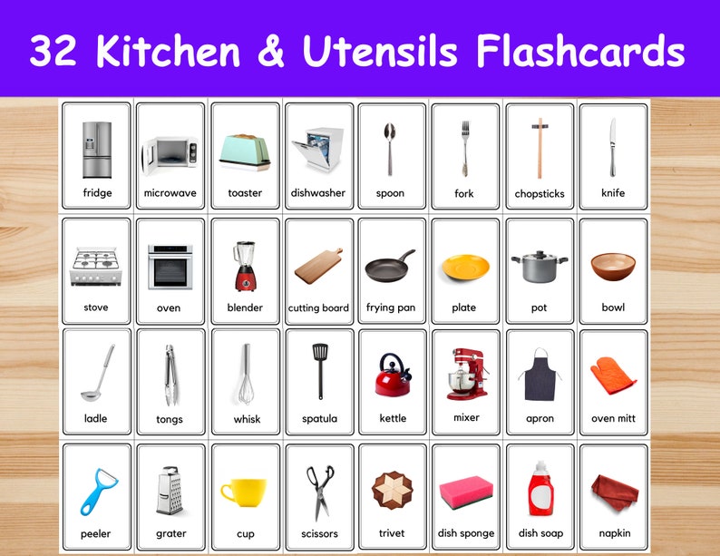 32 Kitchen Flashcards / Utensils, Appliances Image Cards for Kids ...