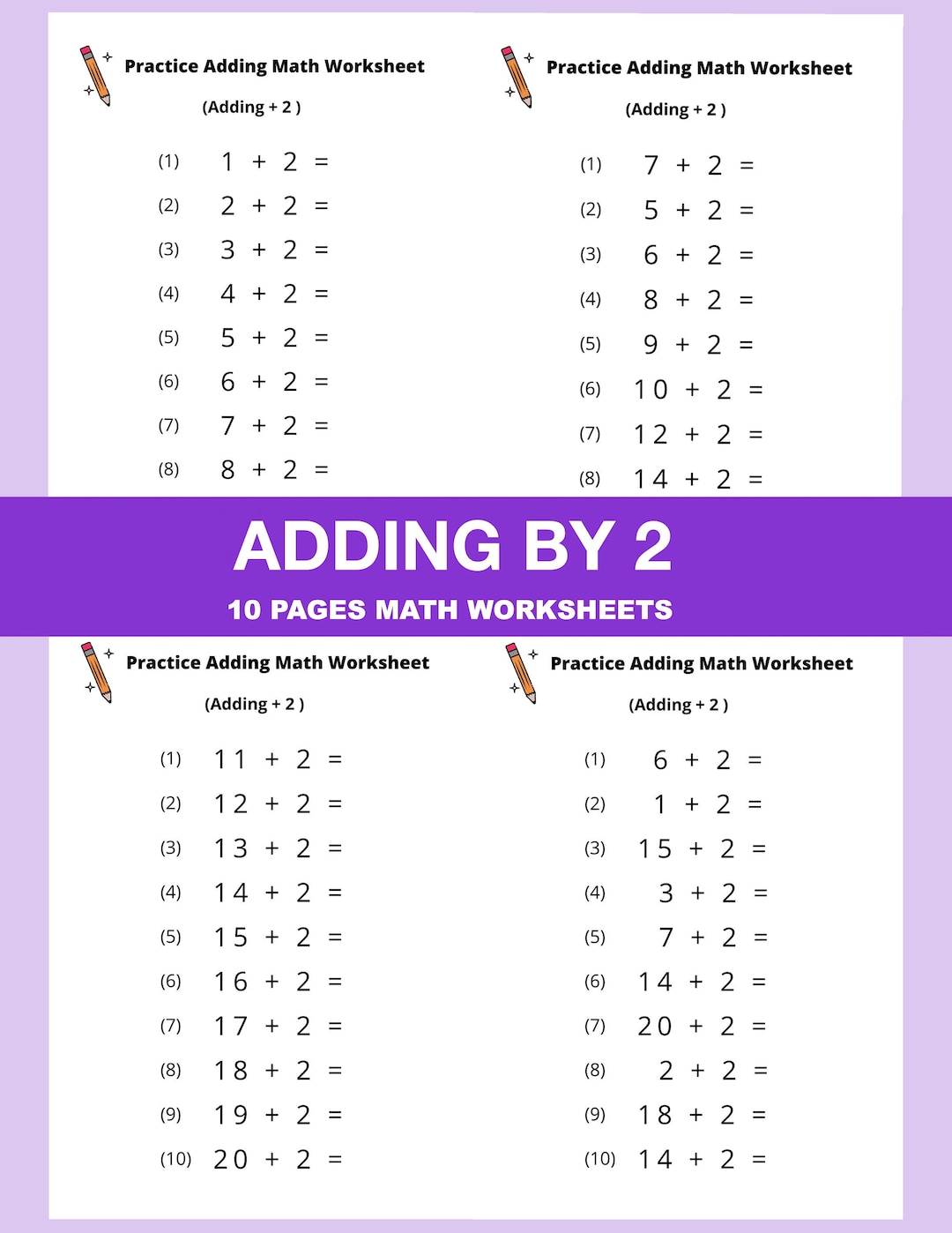 Addition Math Worksheets, Adding by 2, Numbers 1-20 (PDF Printable ...