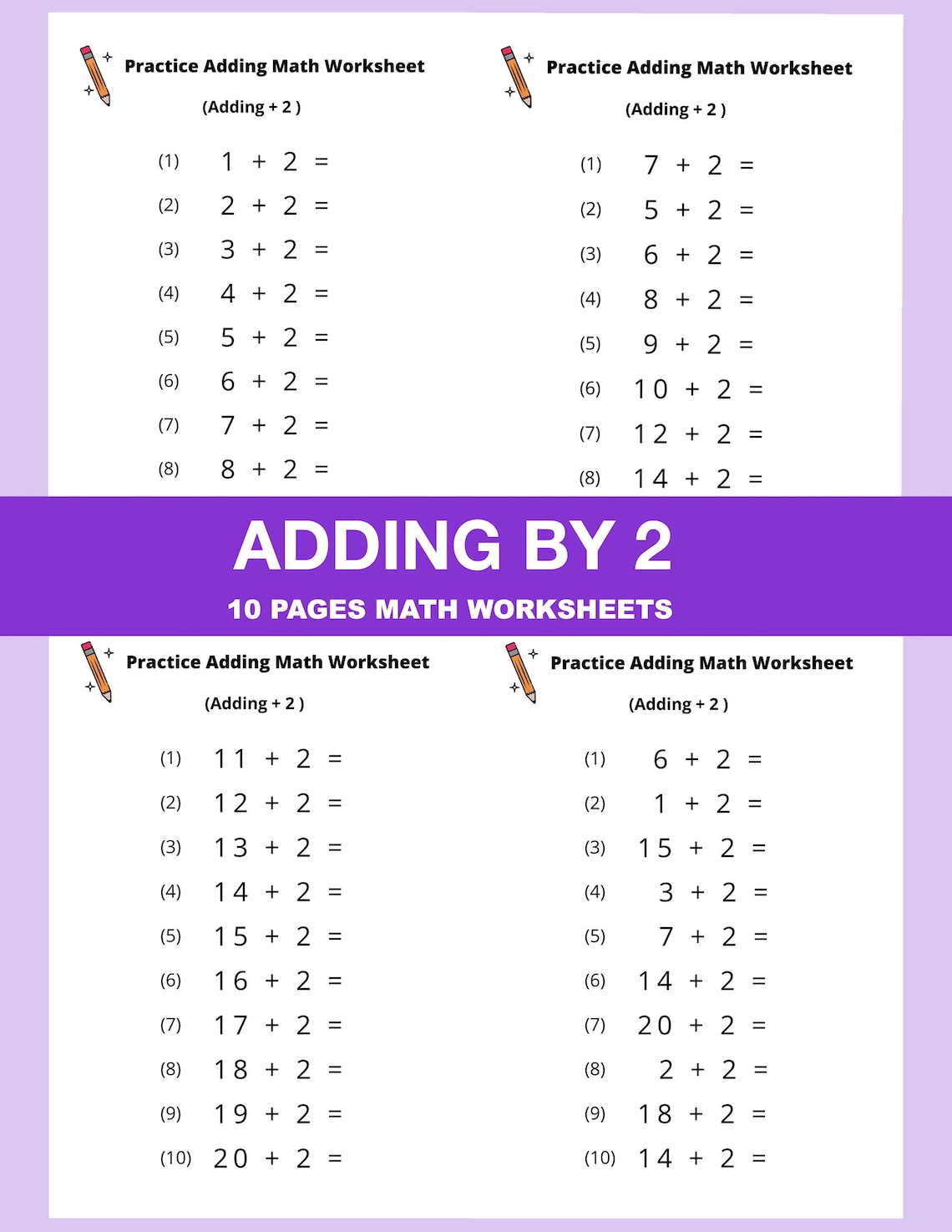 10 Printable Addition Math Worksheets. Adding by 2. Numbers 1-20 ...