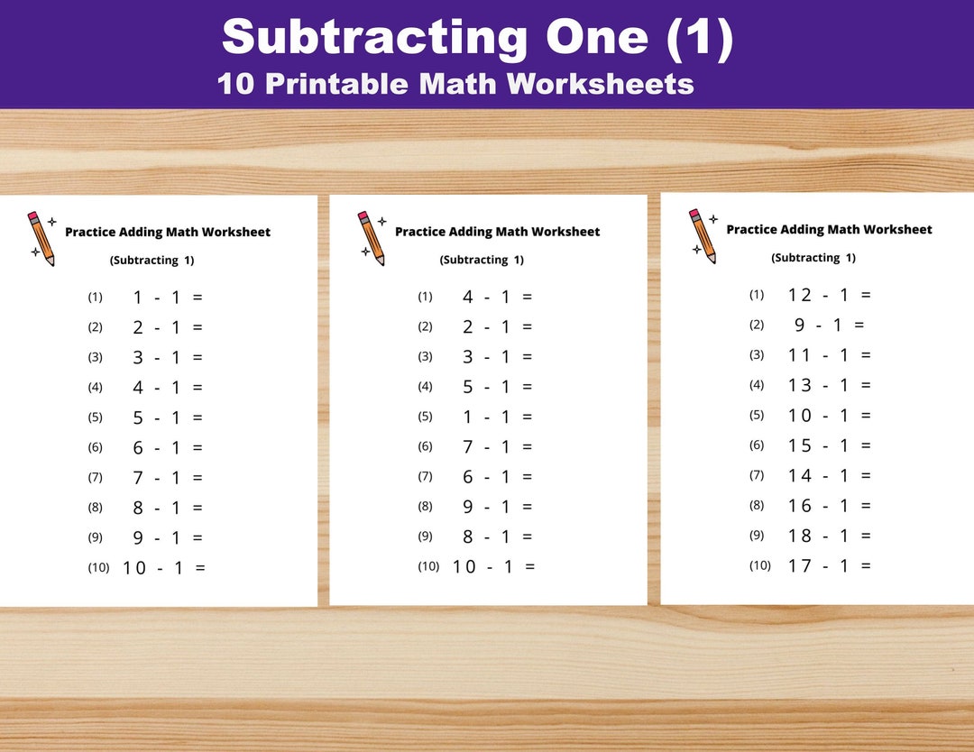10 Printable Subtraction Math Worksheets. Subtracting 1. Numbers 1-20 ...