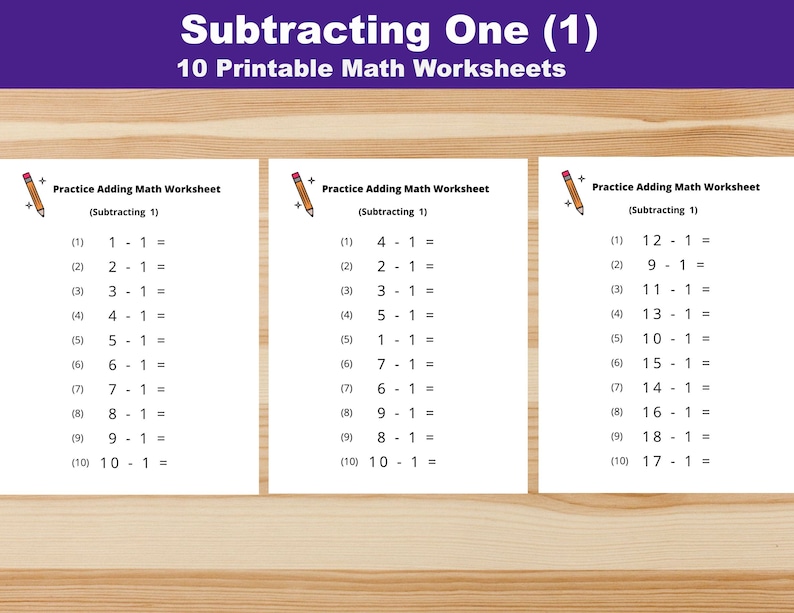 10 Printable Subtraction Math Worksheets. Subtracting 1. Numbers 1-20 ...