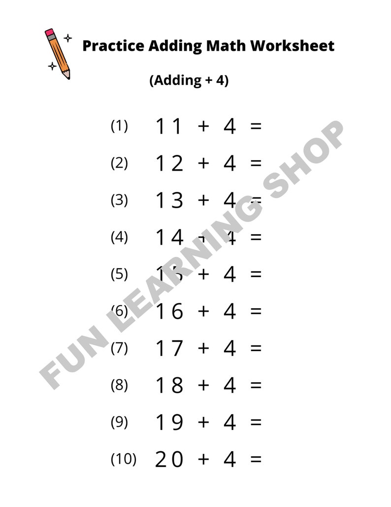 10 Printable Addition Math Worksheets. Adding by 4. Numbers 1-20 ...
