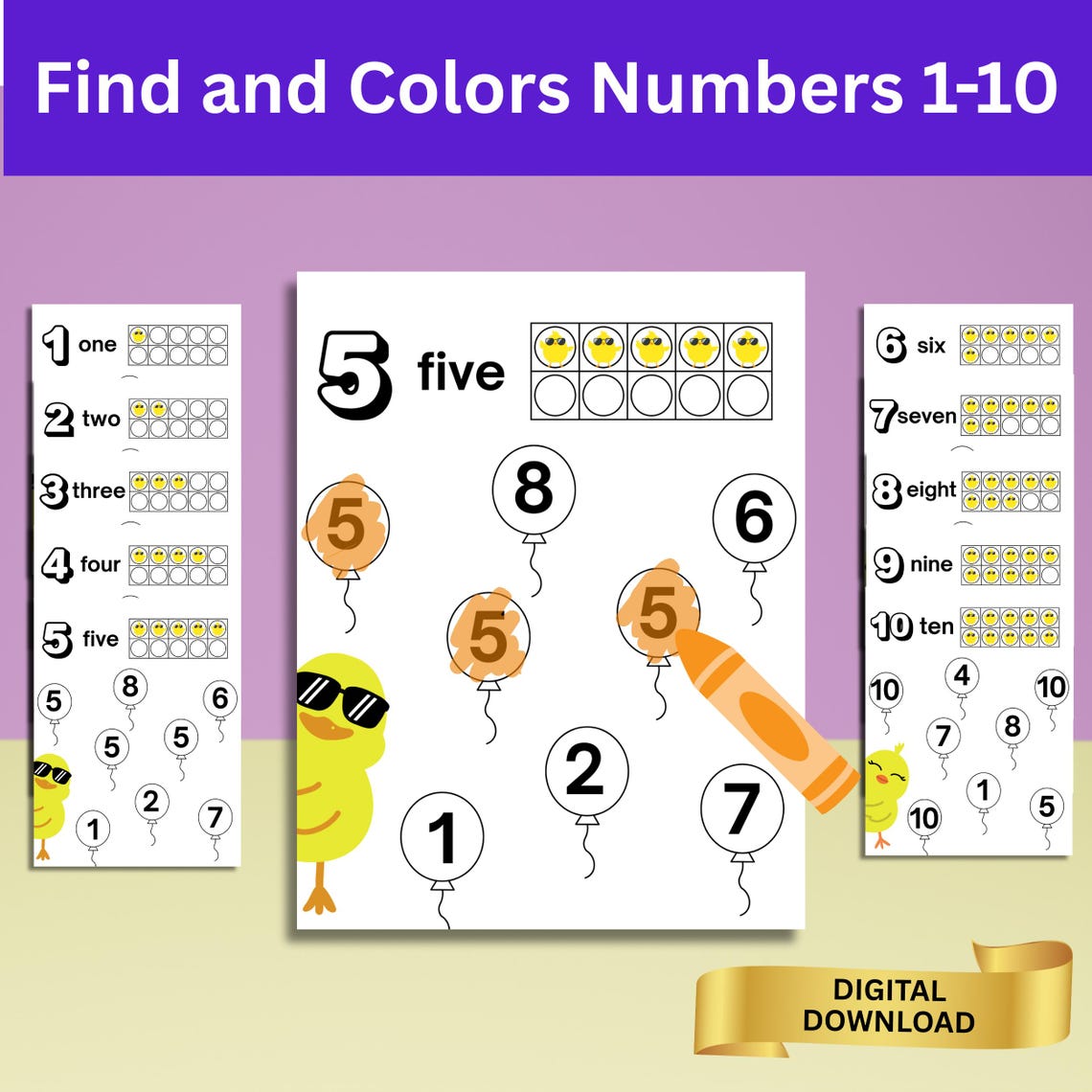 Find and Color Numbers 1-10 Worksheets – Math Activity (printable) - Etsy