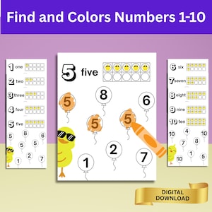 Find and Color Numbers 1-10 Worksheets – Math Activity (printable) - Etsy
