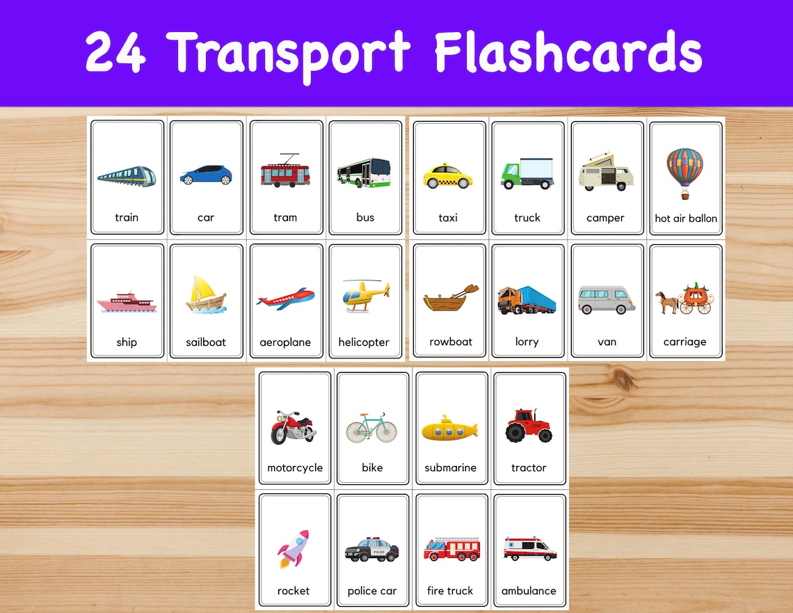 24 Transport Flashcards / Image Cards for Kids, Preschoolers ...