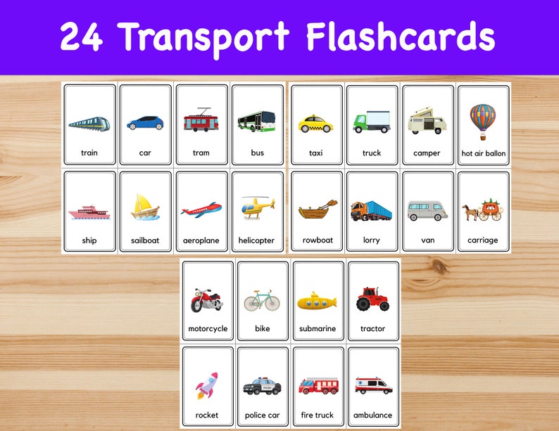 24 Transport Flashcards / Image Cards for Kids, Preschoolers ...