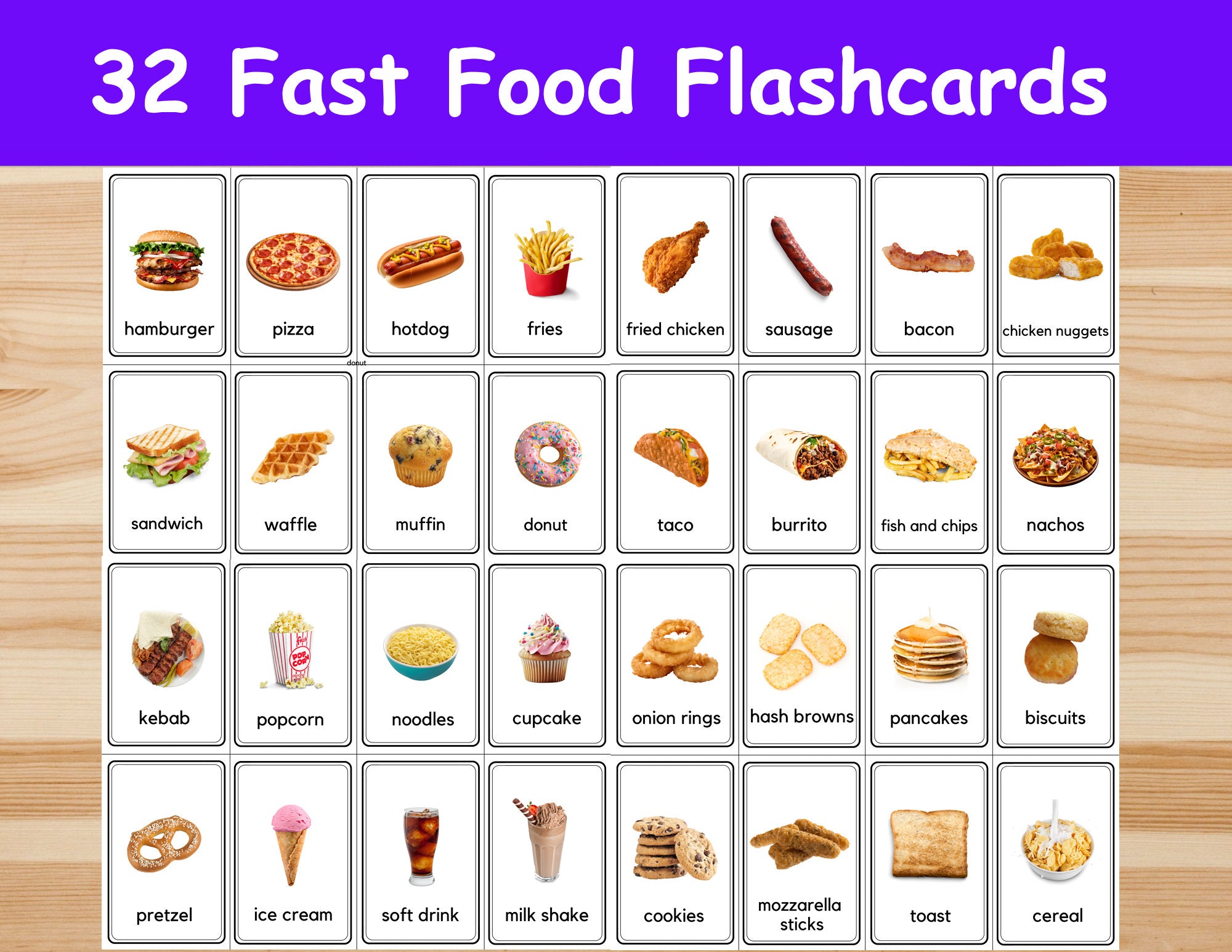 32 Fast Food Flashcards / Image Cards for Kids Preschool. - Etsy