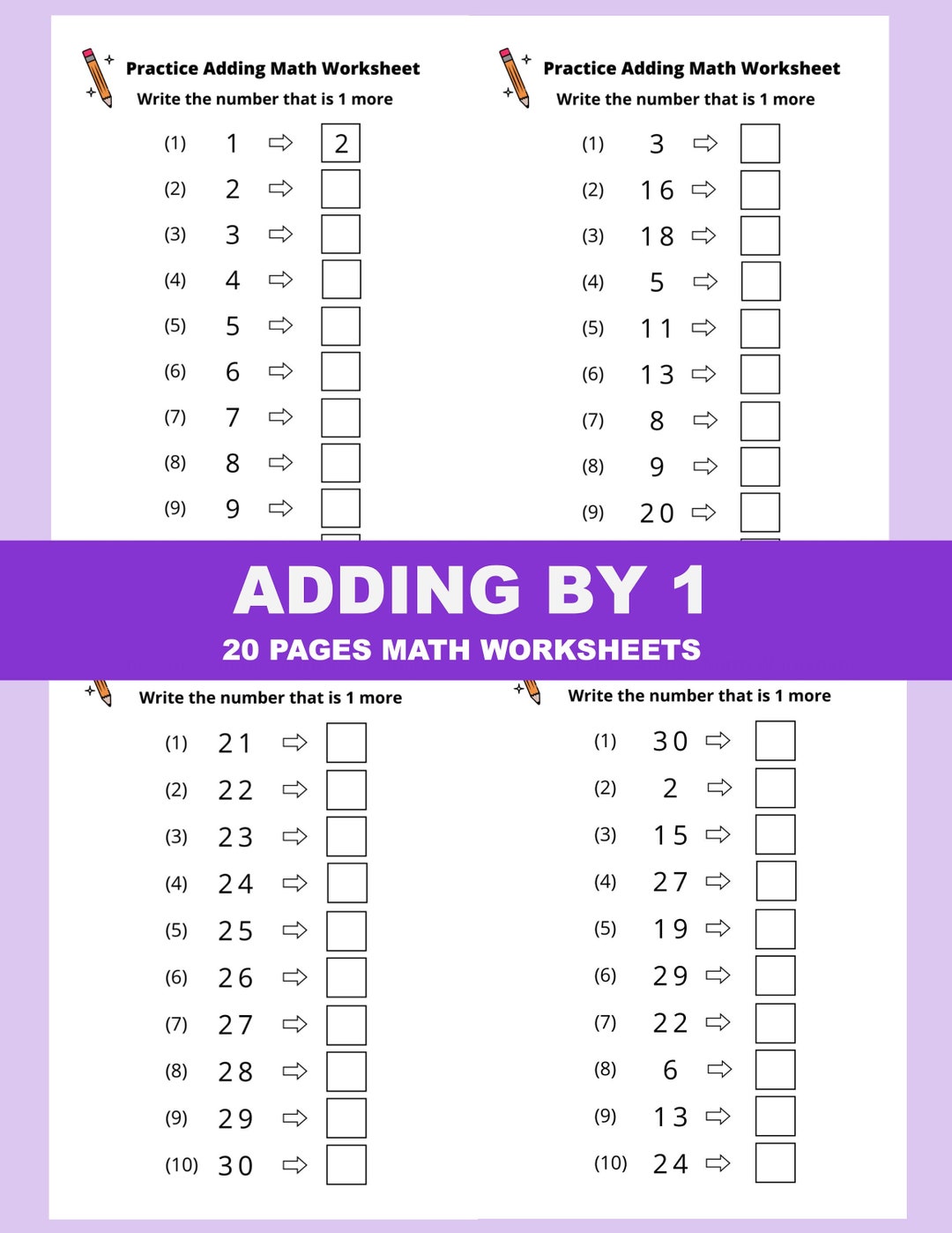 20 Printable Addition Math Worksheets. Adding by 1. Numbers 1-30. Kids ...
