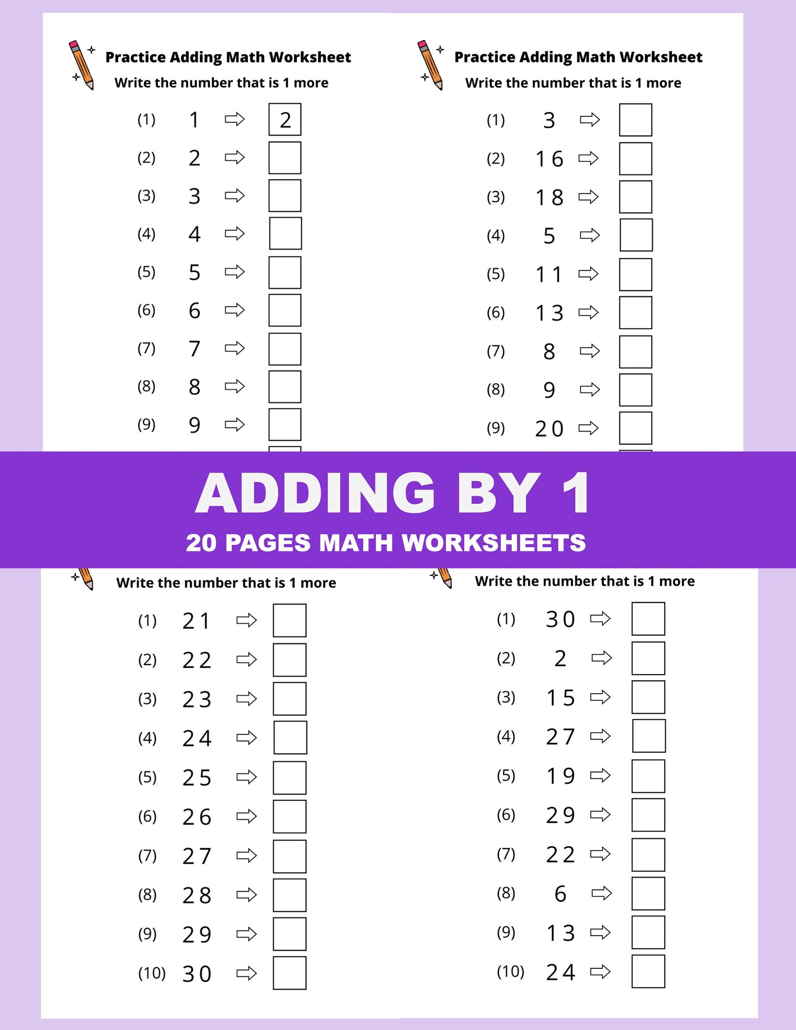 20 Printable Addition Math Worksheets. Adding by 1. Numbers 1-30. Kids ...