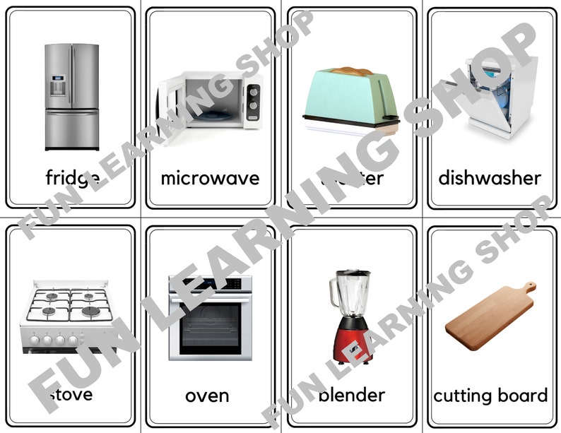 32 Kitchen Flashcards / Utensils, Appliances Image Cards for Kids ...
