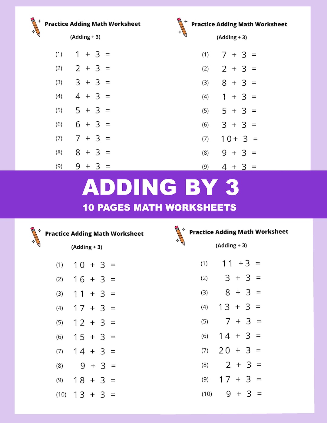 10 Printable Addition Math Worksheets. Adding by 3. Numbers 1-20 ...