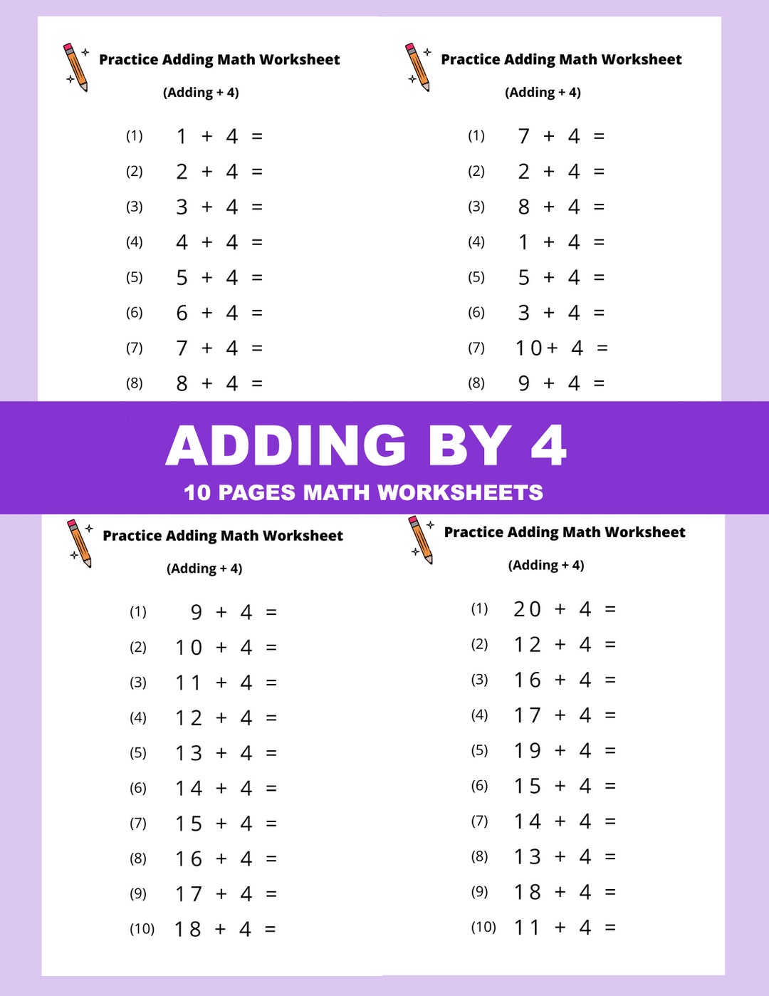 10 Printable Addition Math Worksheets. Adding by 4. Numbers 1-20 ...