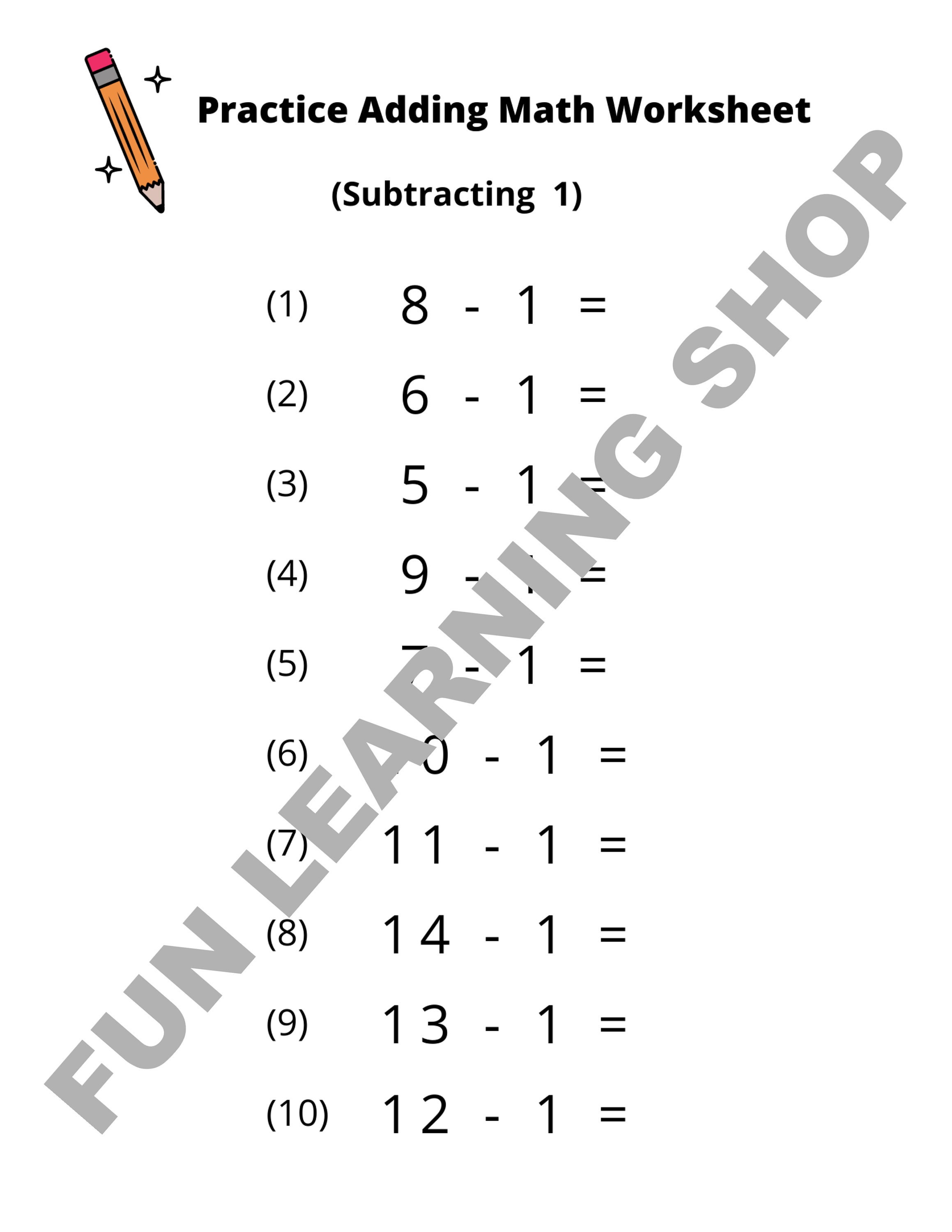 10 Printable Subtraction Math Worksheets. Subtracting 1. Numbers 1-20 ...