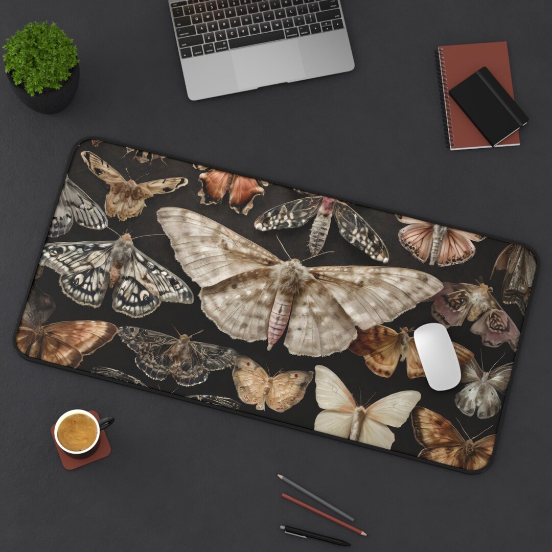 Moths Witchy Desk Mat, Cottagecore Dark Academia Black Extended Gaming ...