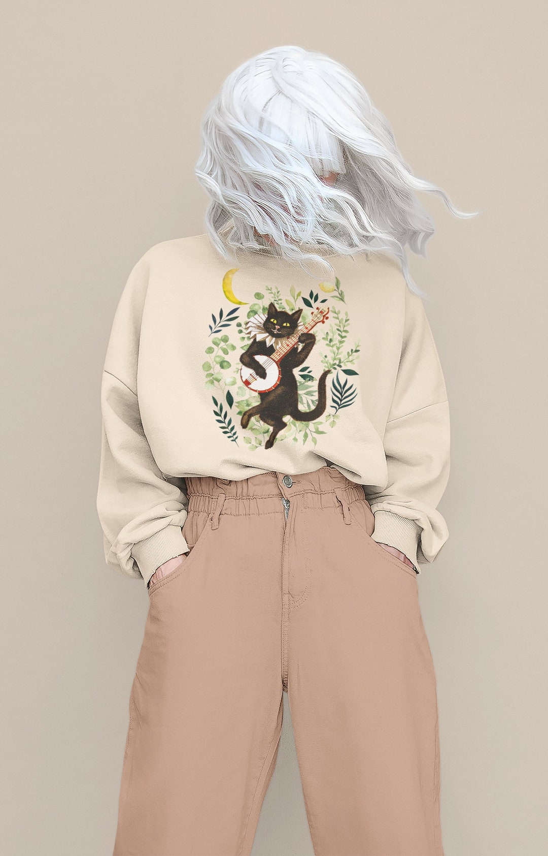 Cottagecore Black Cat Sweater, Retro Banjo Cat Sweatshirt, Goblincore ...