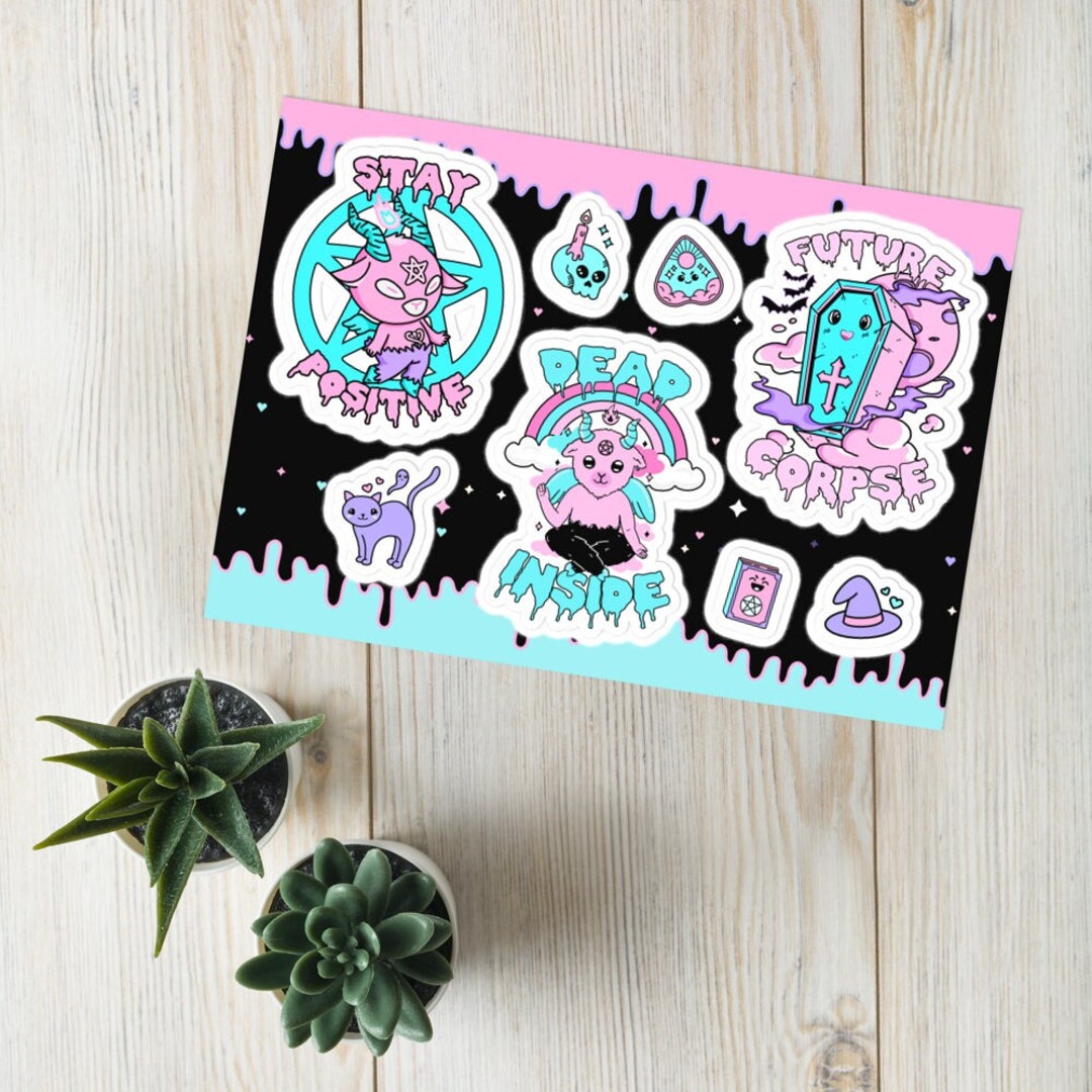 Baphomet Pastel Goth Sticker Sheet, Pastel Pink Kawaii Goth Cryptids ...