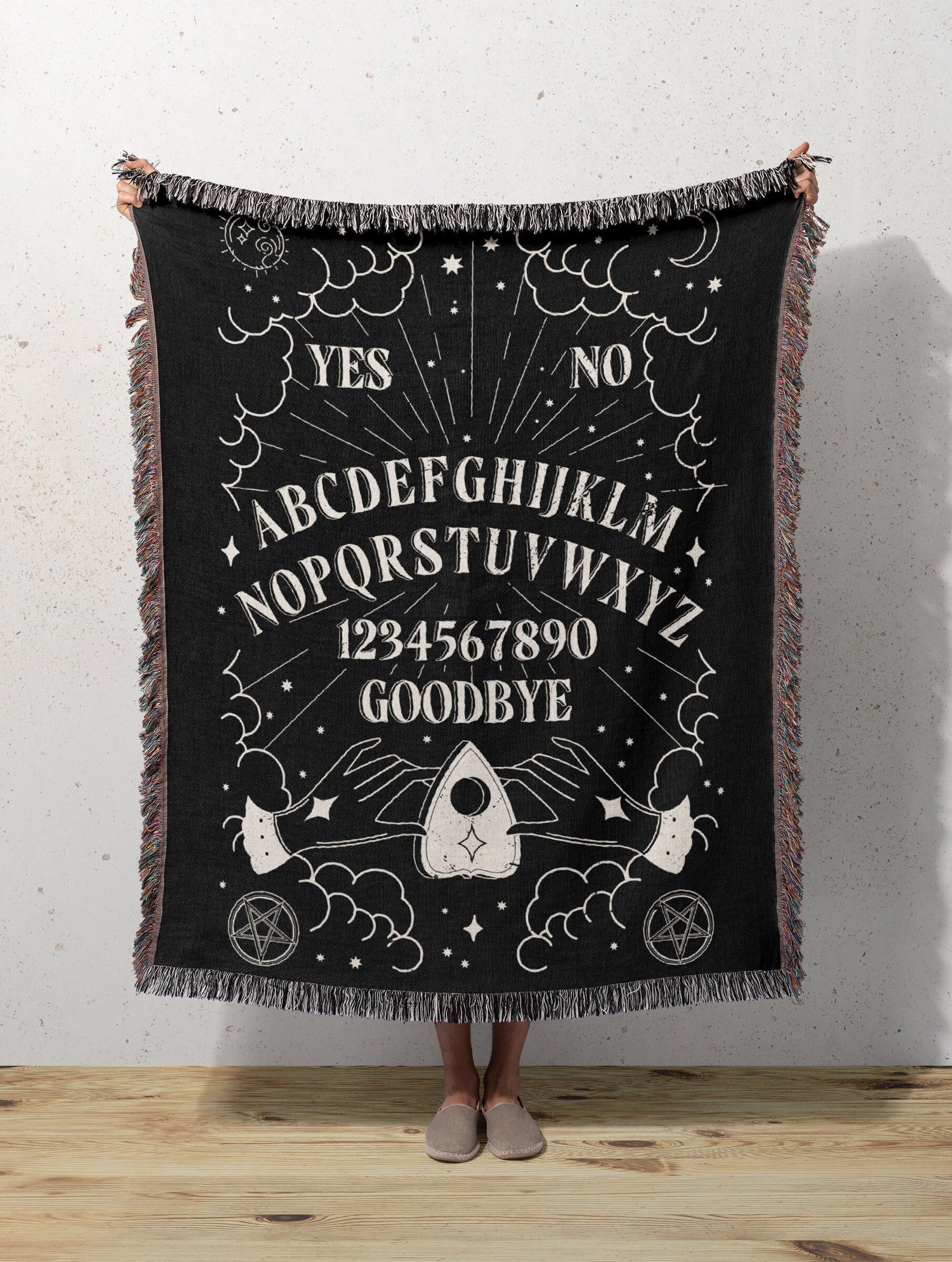 Ouija Board Woven Throw Blanket, Black Witchy Cotton Gothic Throw ...
