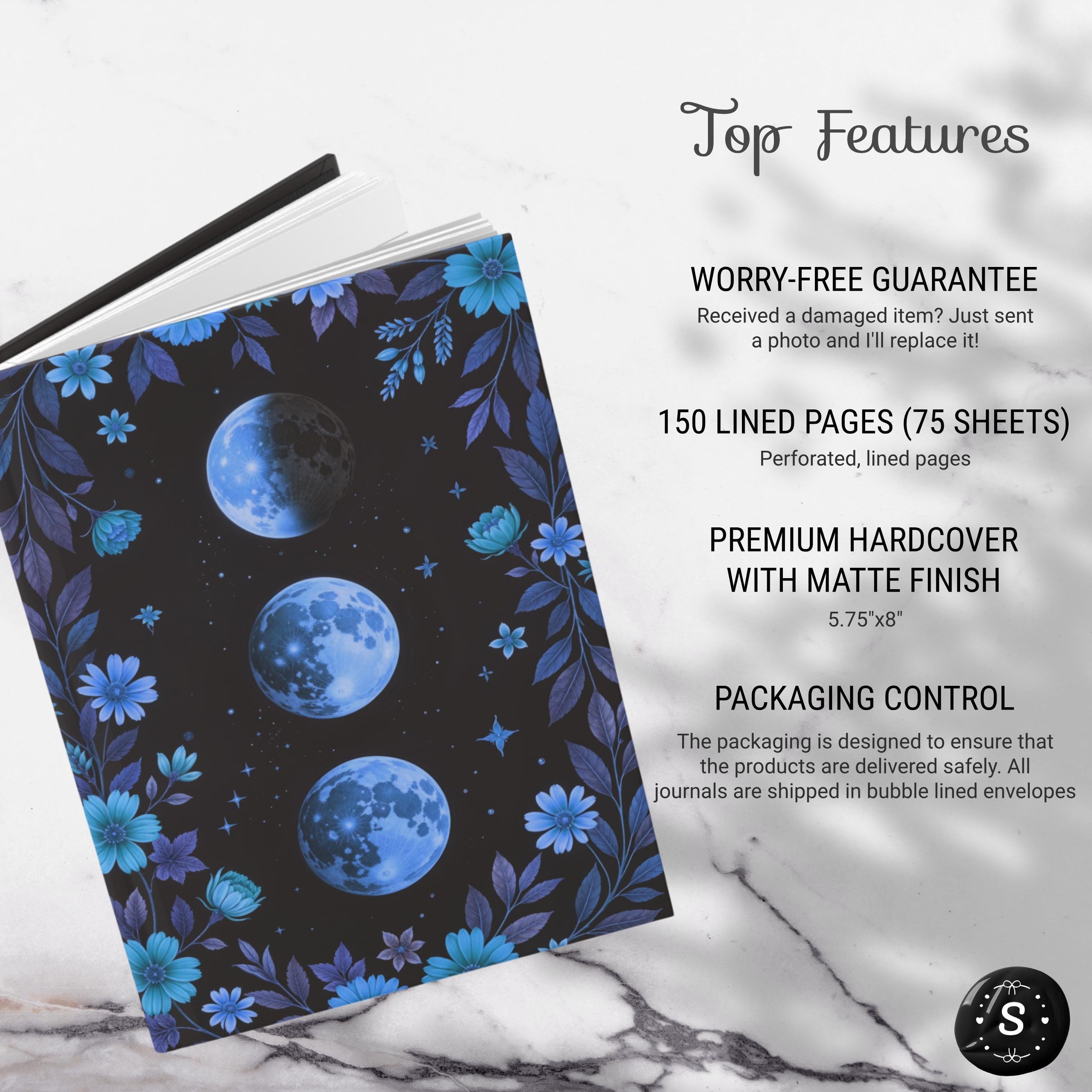 Moon Phases Book of Shadows Hardcover Journal, Blue Floral Grimoire ...