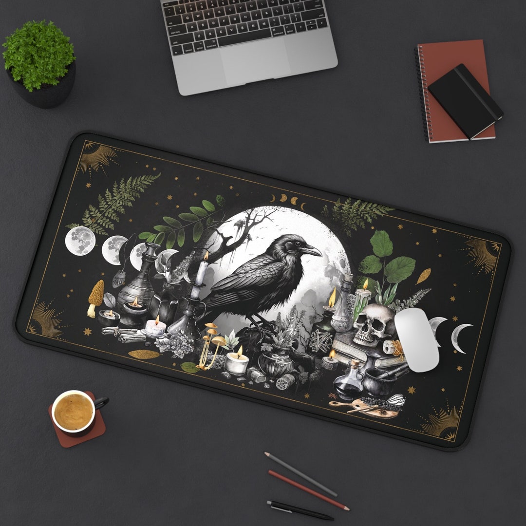 Witchy Raven Desk Mat, Cottagecore Dark Academia Black Extended Gaming ...