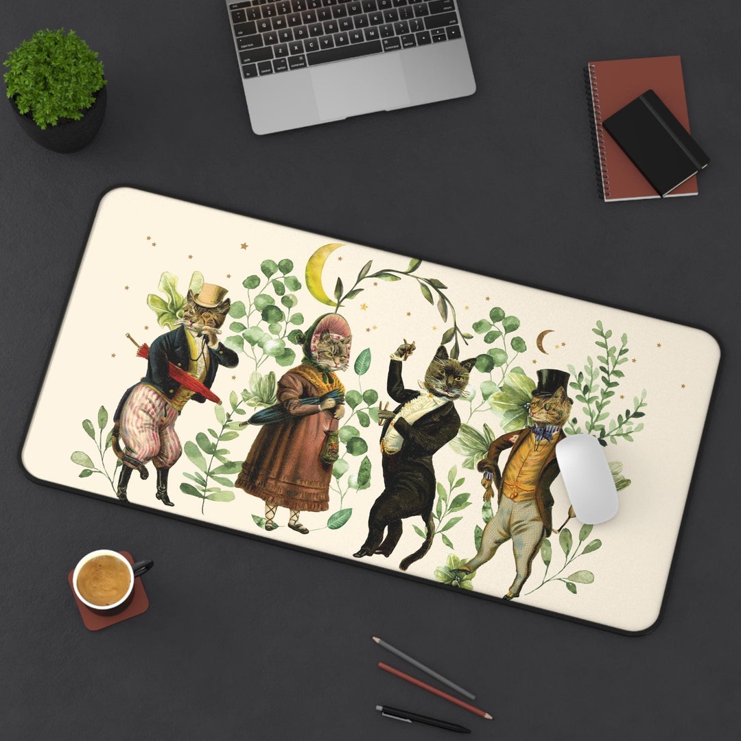Cottagecore Cats Desk Mat, Medieval Banjo Cat Victorian Decor Grunge ...
