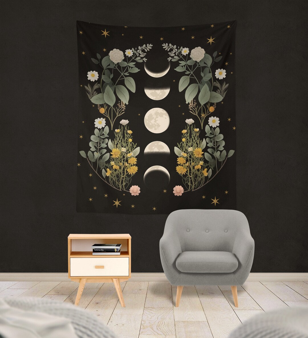 Moon Phases Witchy Tapestry Floral Pagan Altar Cloth Cottagecore Decor ...