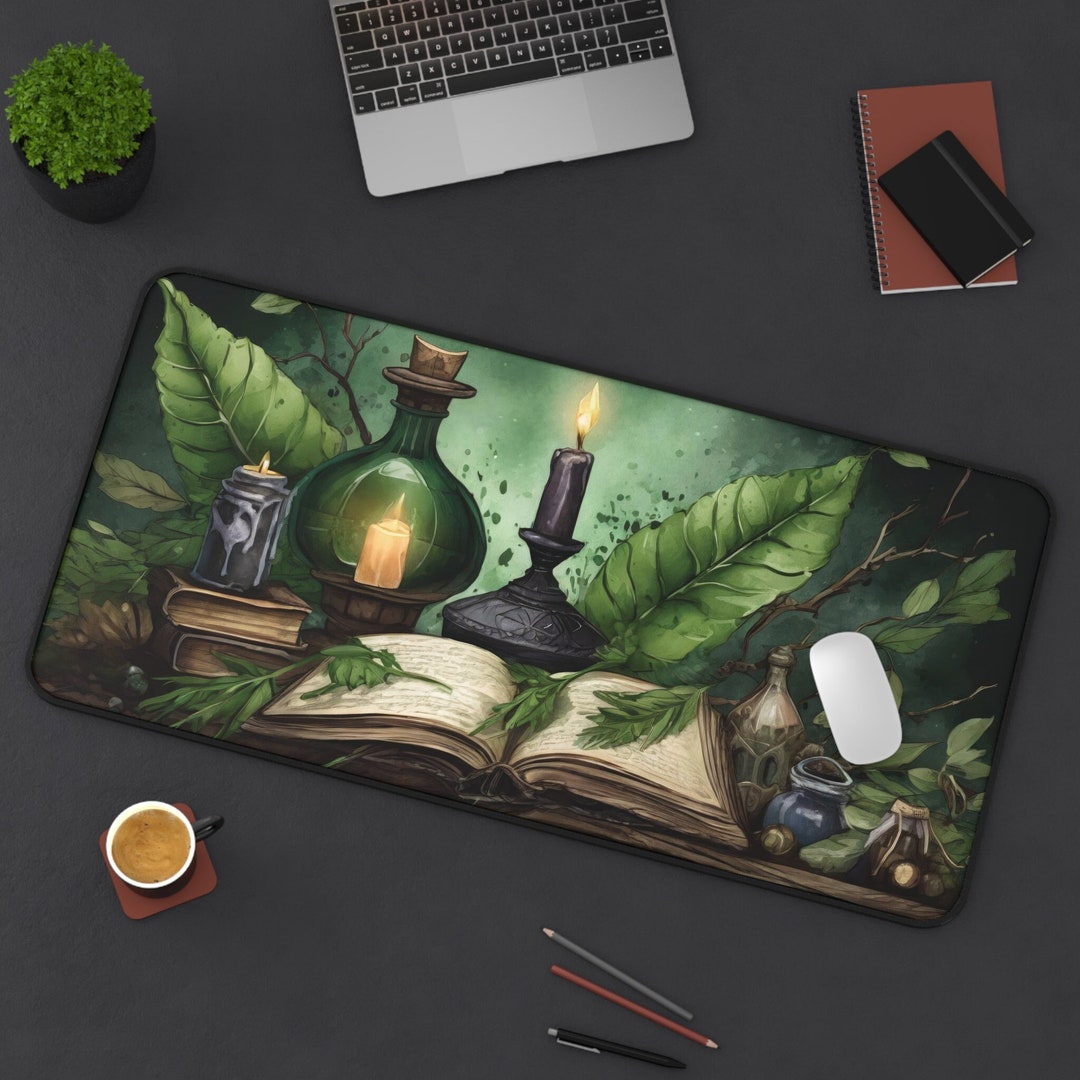 Green Witch Desk Mat, Cottagecore Dark Academia Green Extended Gaming ...